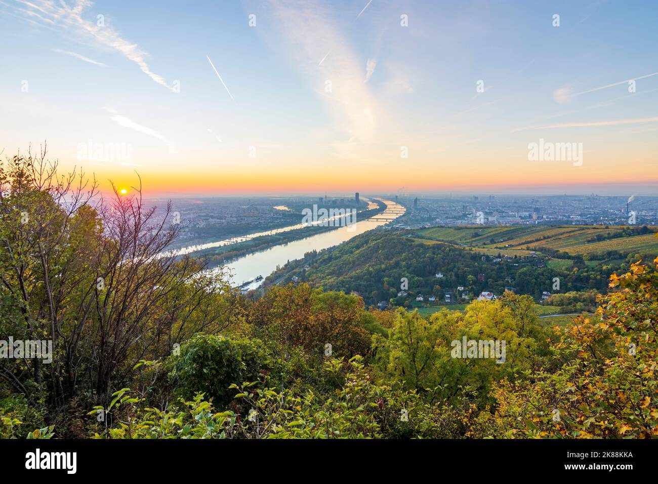 Wien, Vienna: sunrise at Vienna, vineyards, river Donau (Danube) and ...