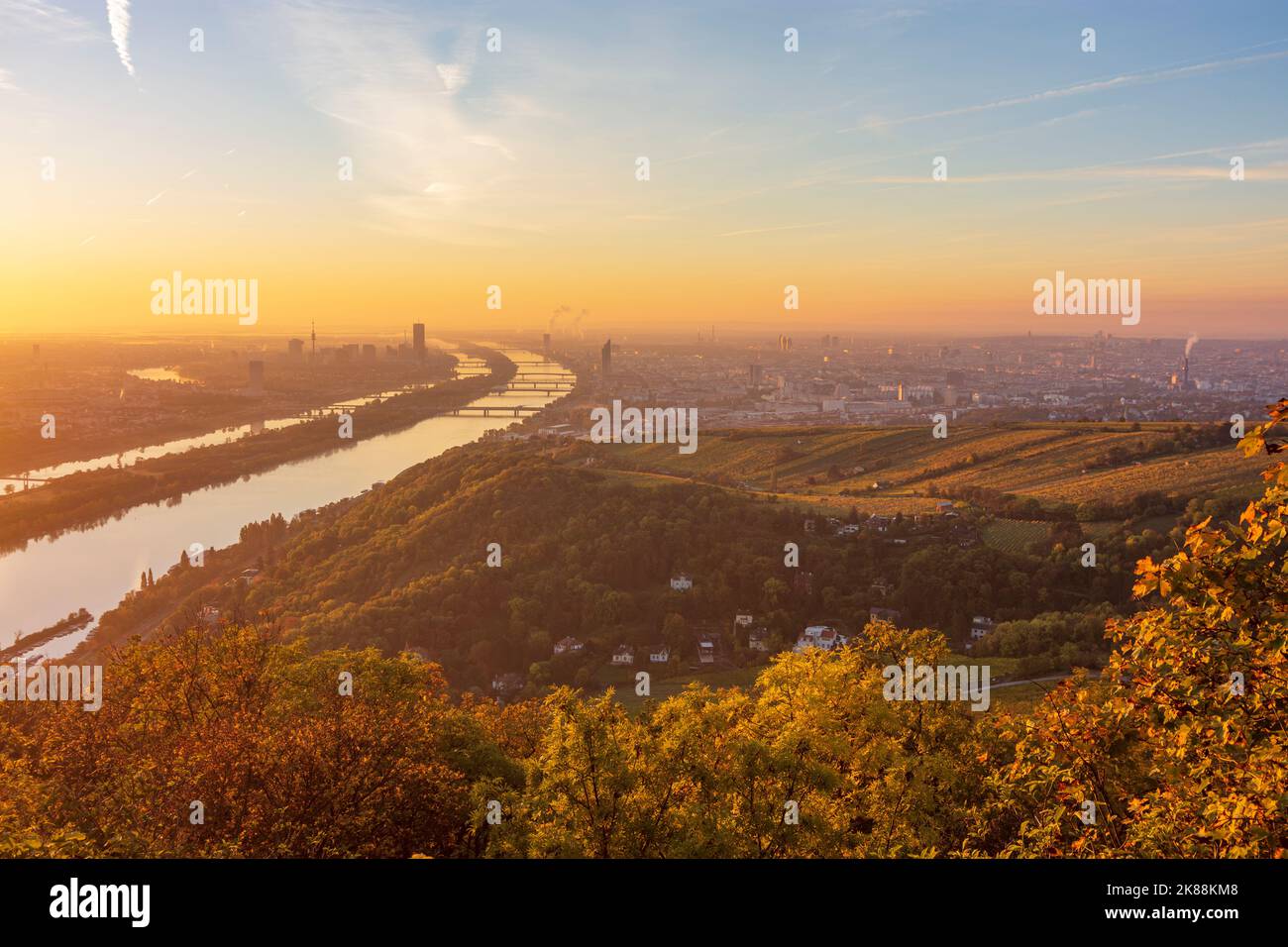 Wien, Vienna: sunrise at Vienna, vineyards, river Donau (Danube) and ...