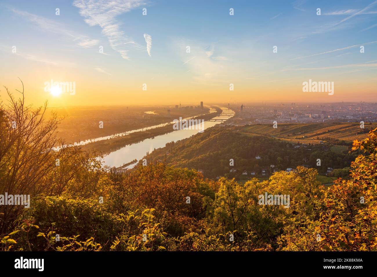 Wien, Vienna: sunrise at Vienna, vineyards, river Donau (Danube) and ...