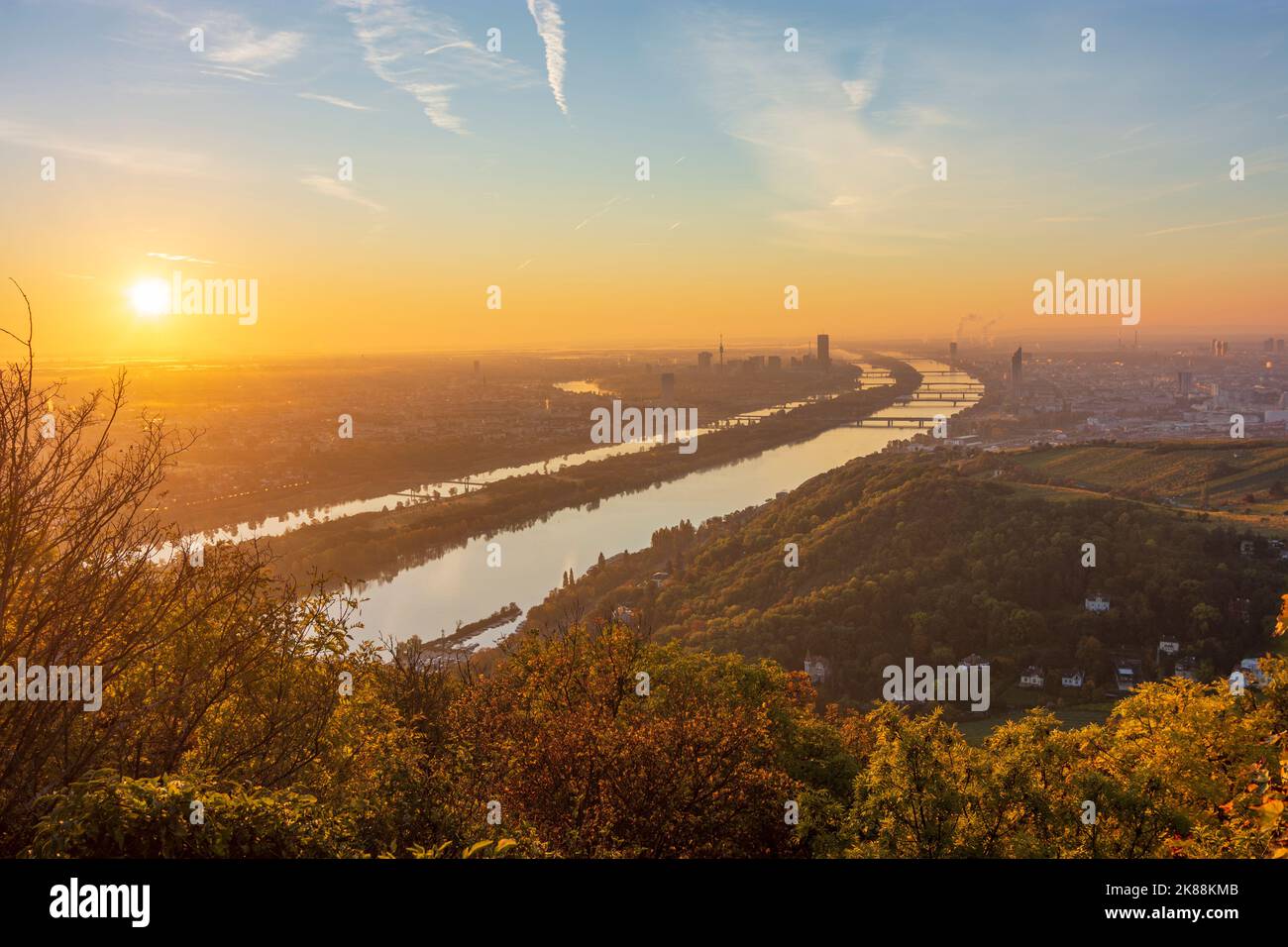 Wien, Vienna: sunrise at Vienna, vineyards, river Donau (Danube) and ...
