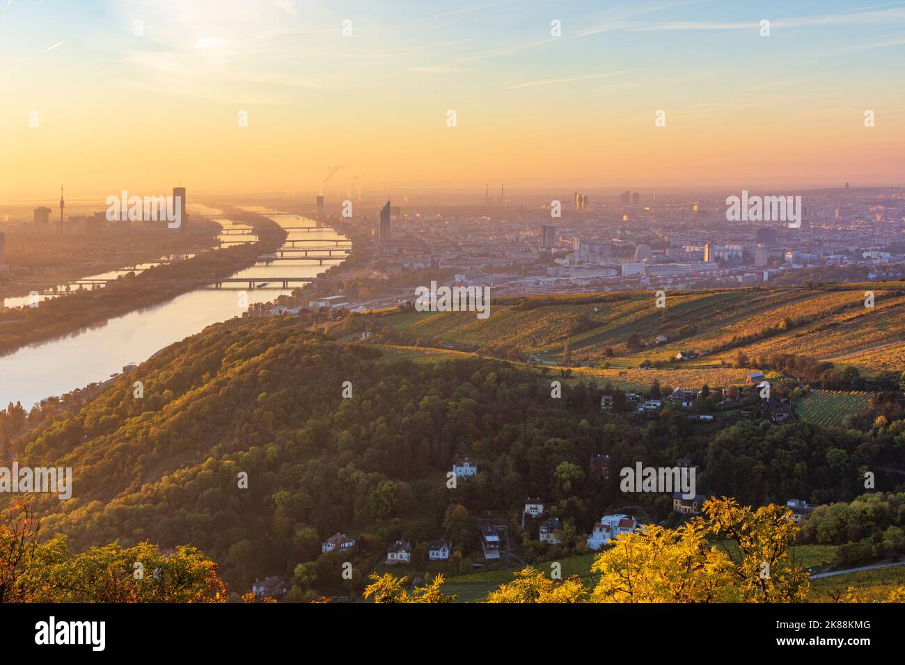 Wien, Vienna: sunrise at Vienna, vineyards, river Donau (Danube) and ...