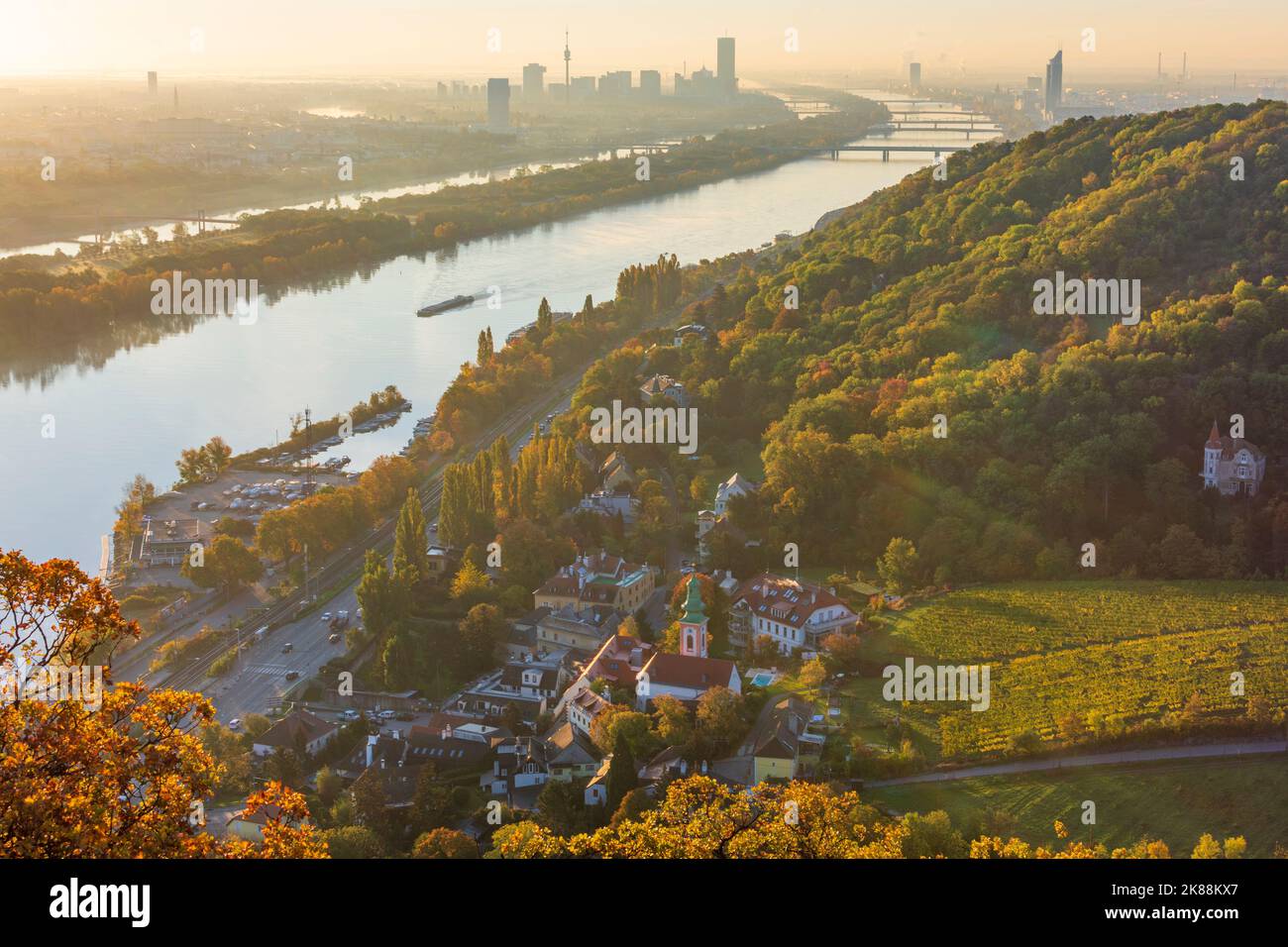 Wien, Vienna: sunrise at Vienna, vineyards, river Donau (Danube) and ...