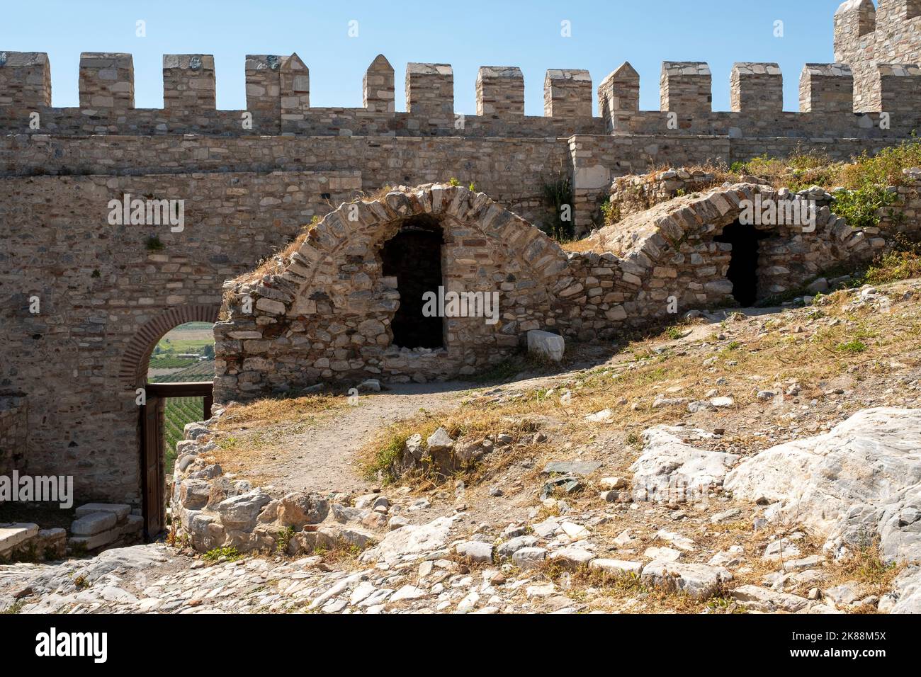 Ruins of an old mosque at Ayasuluk Hill. Inside the Selcuk Castle ...