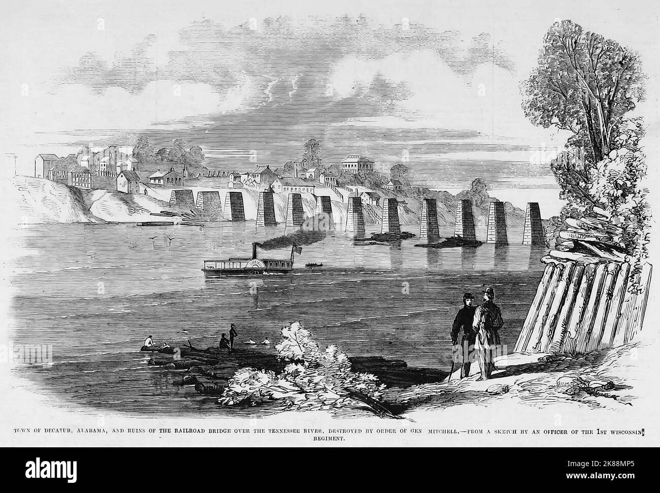 Town of Decatur, Alabama, and ruins of the railroad bridge over the ...