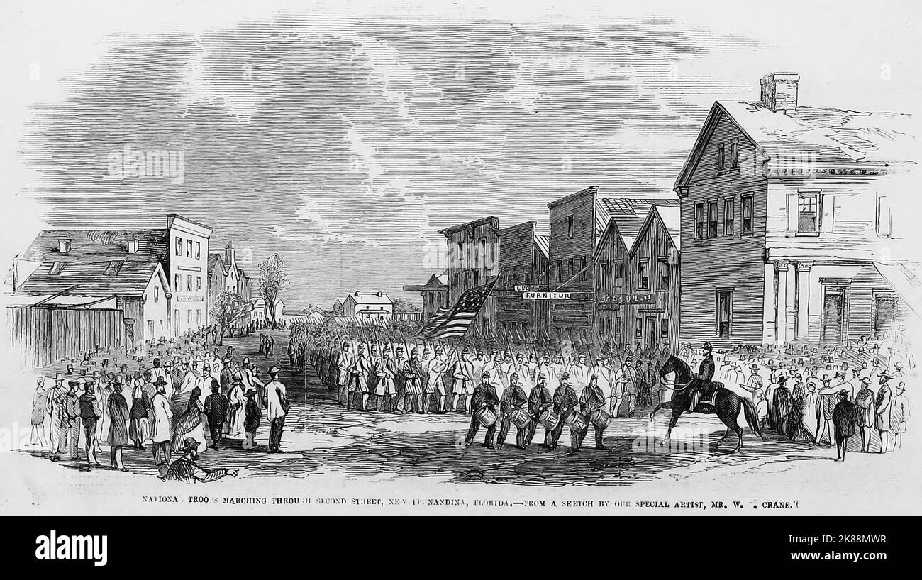 National troops marching through Second Street, New Fernandina, Florida ...