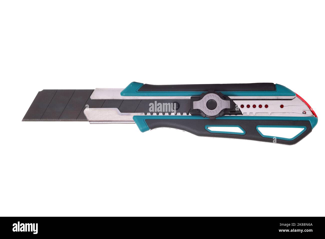 Green and black office cutter knife with a snap-off blade and a locking ...