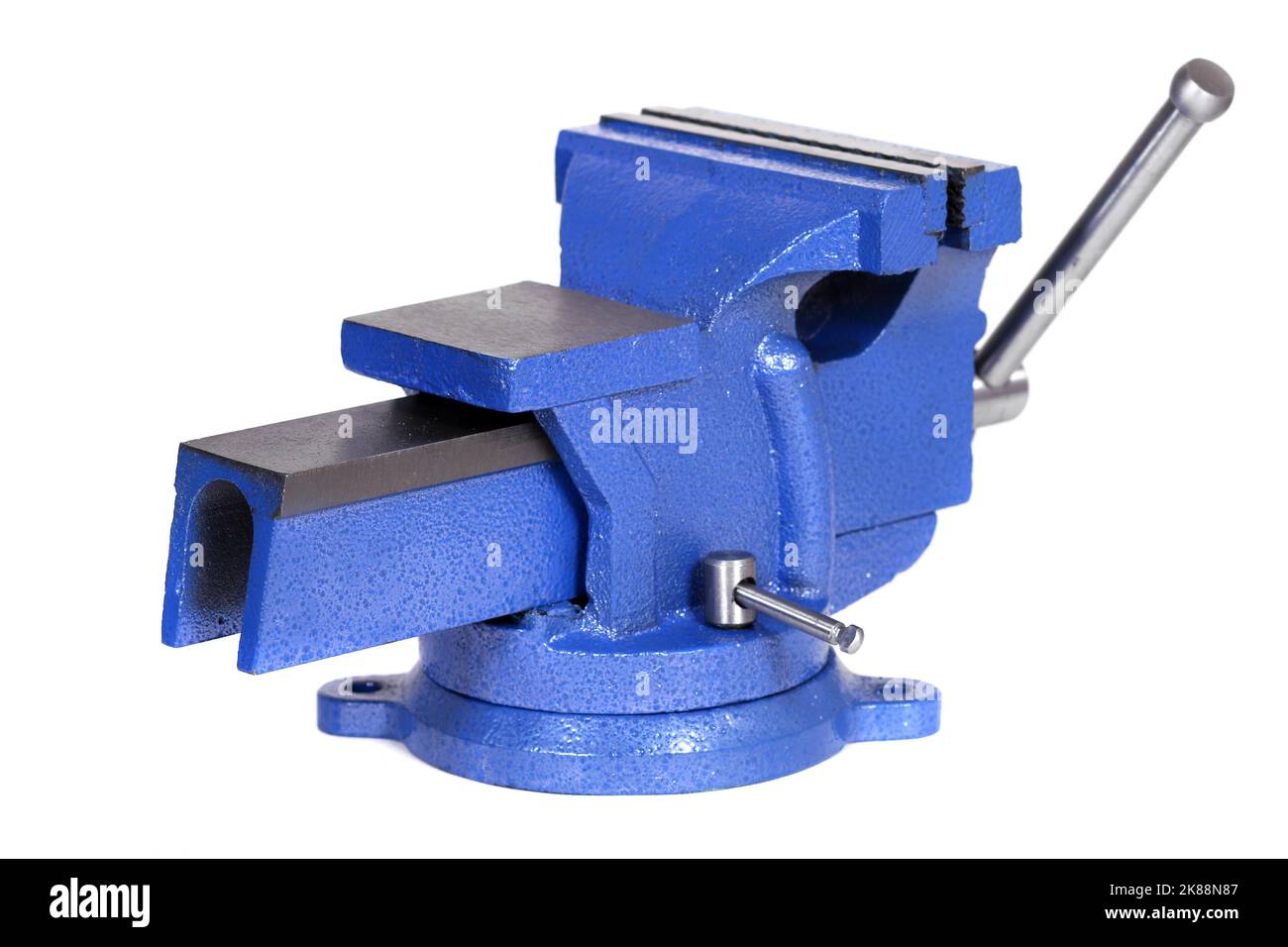 Blue bench vise isolated over white background Stock Photo - Alamy