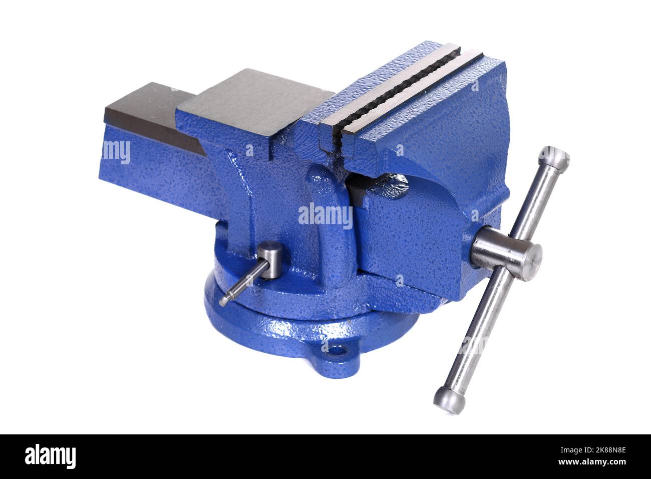 Blue bench vise isolated over white background Stock Photo - Alamy