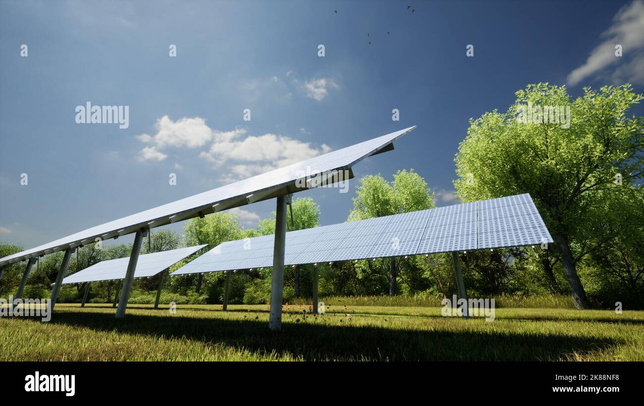 Renewable Solar panels green farm energy - 3D Render Stock Photo - Alamy