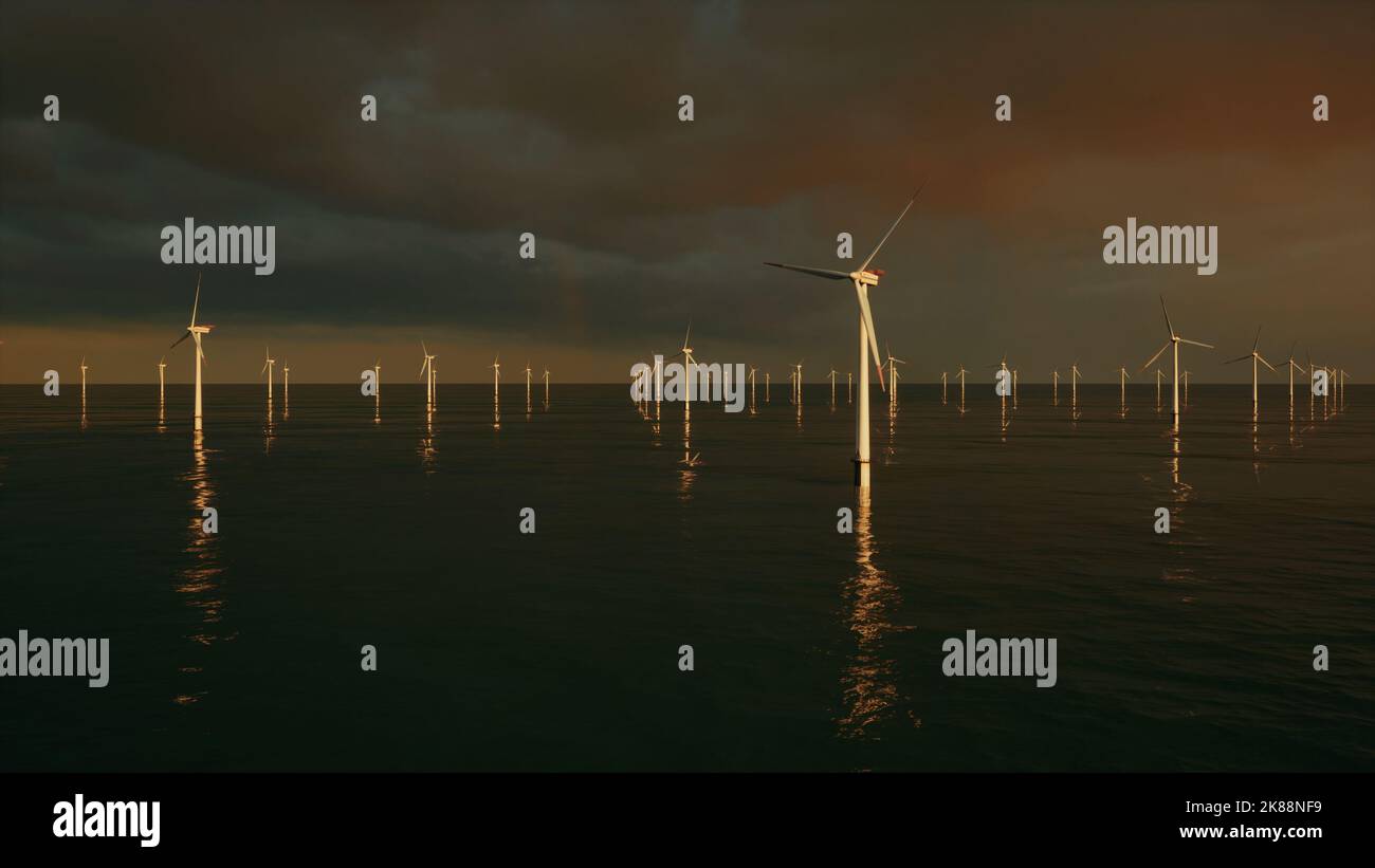 Renewable Offshore wind farm - 3d render Stock Photo - Alamy