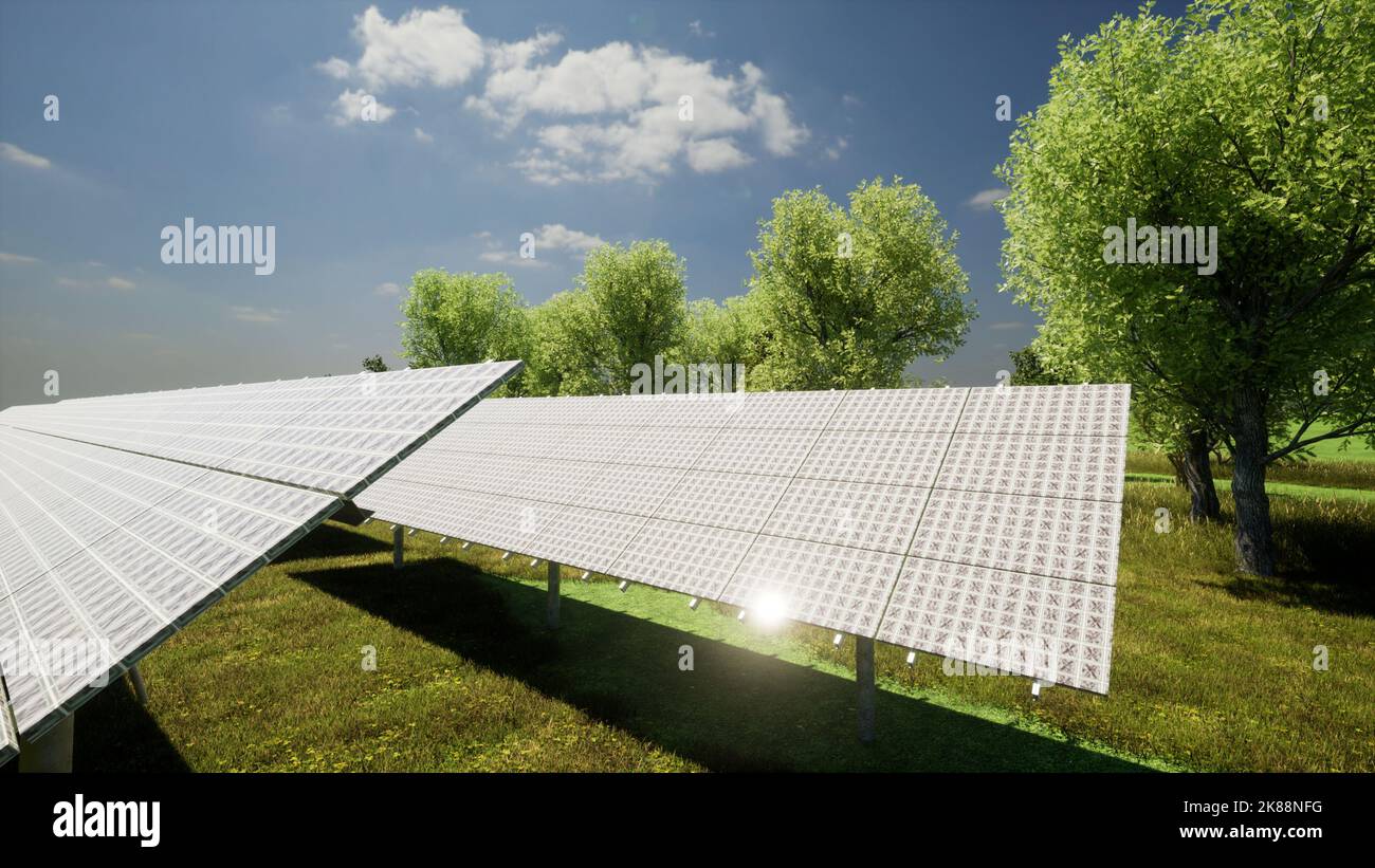 Solar panel farm energy - 3D Render Stock Photo - Alamy