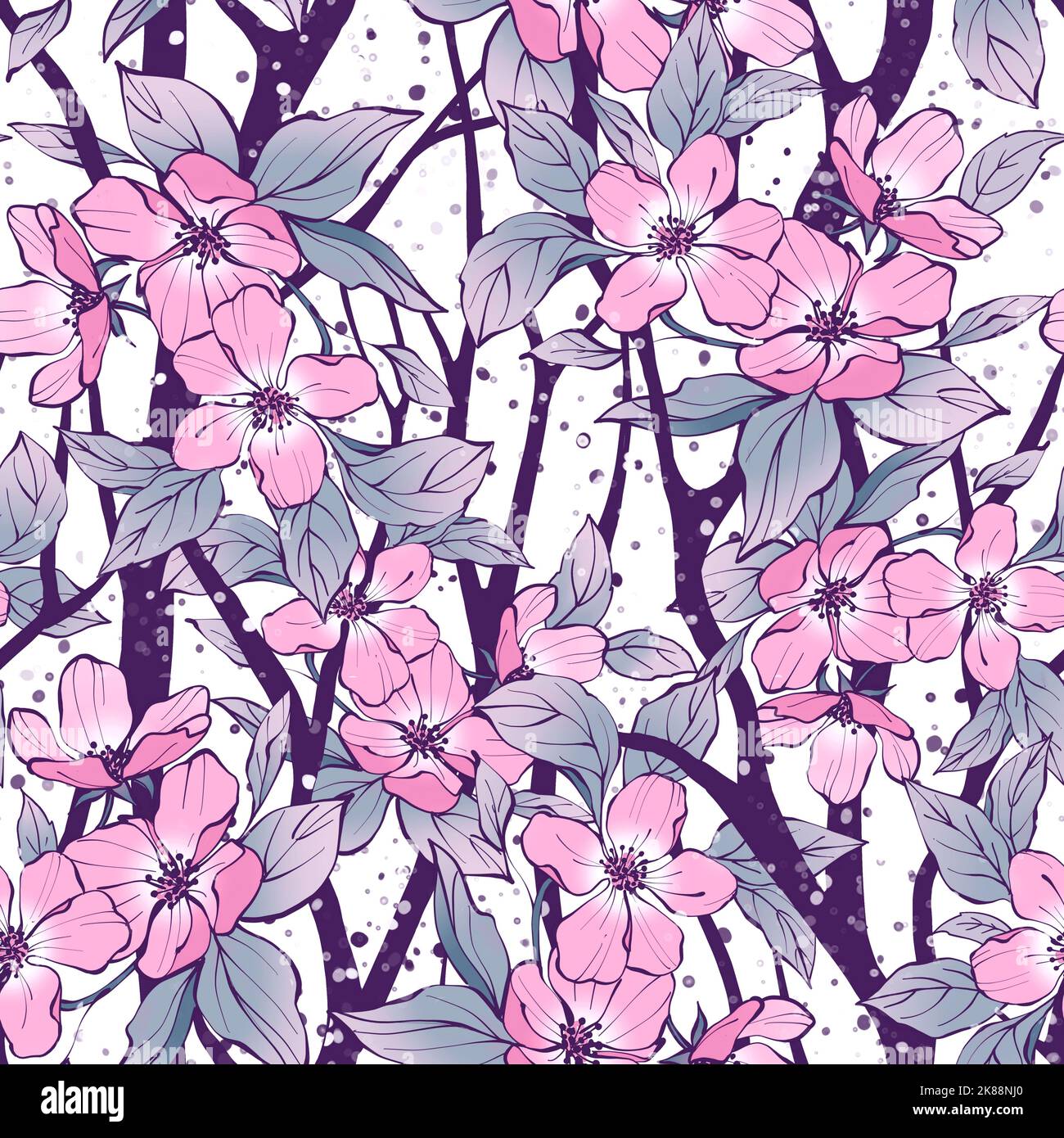 Seamless floral pattern. Flowers and leaves. Cherry blossom Stock Photo ...