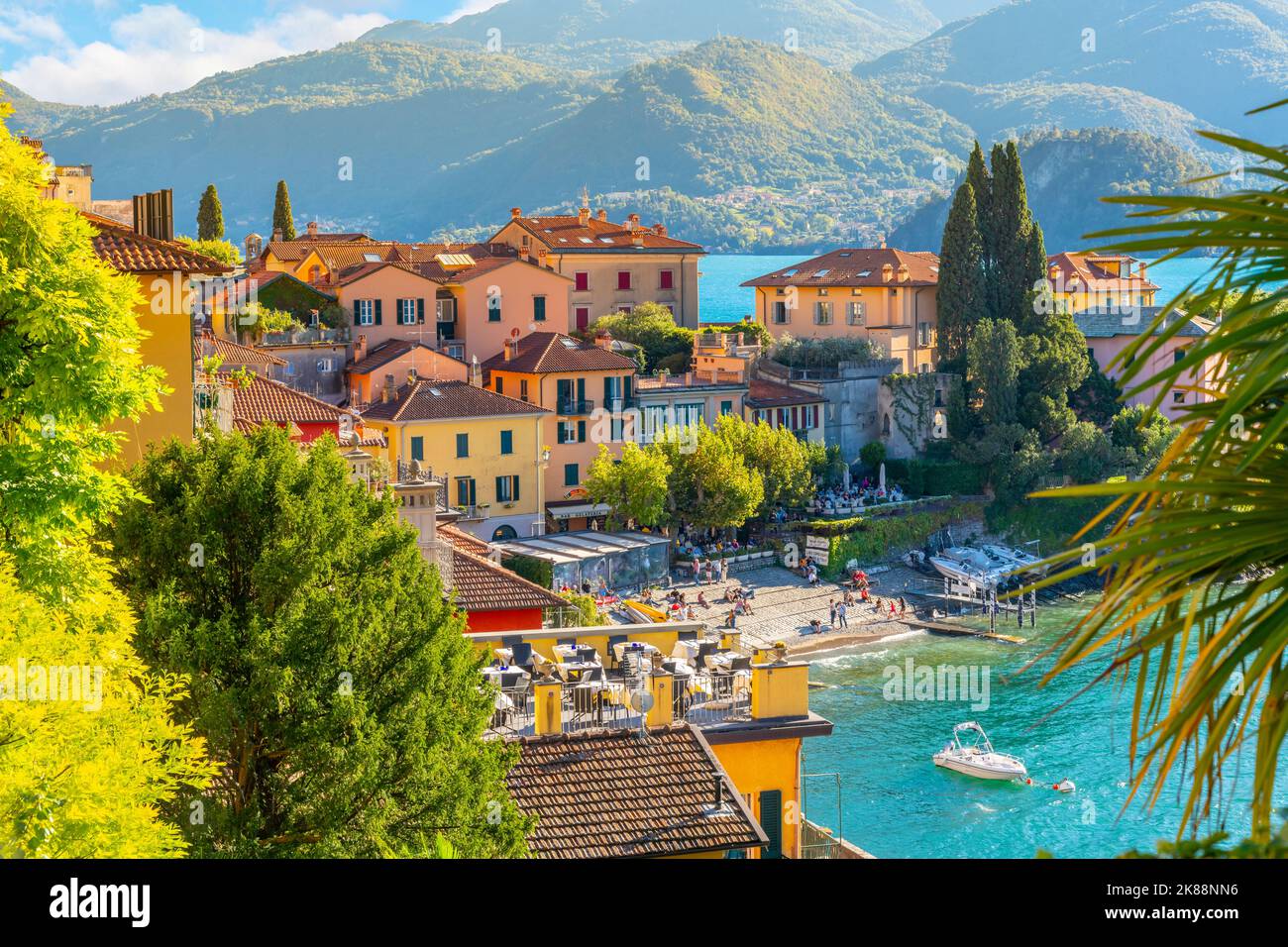 High angle view from a road above the picturesque lakefront village of ...