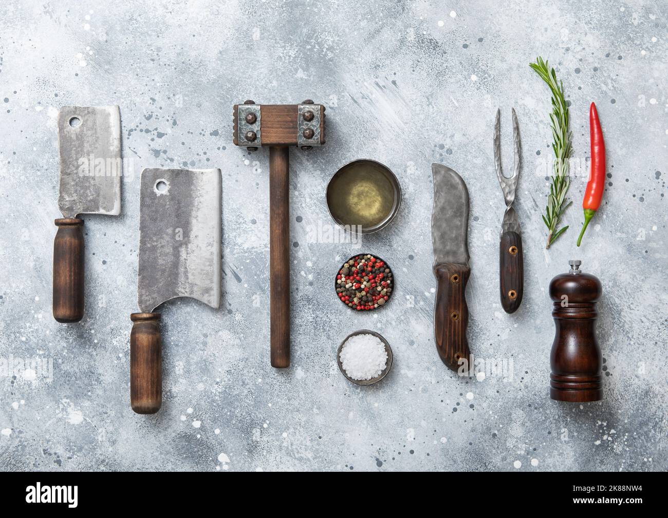 Meat utensils set on light background. Fork,knife,meat cleavers with ...
