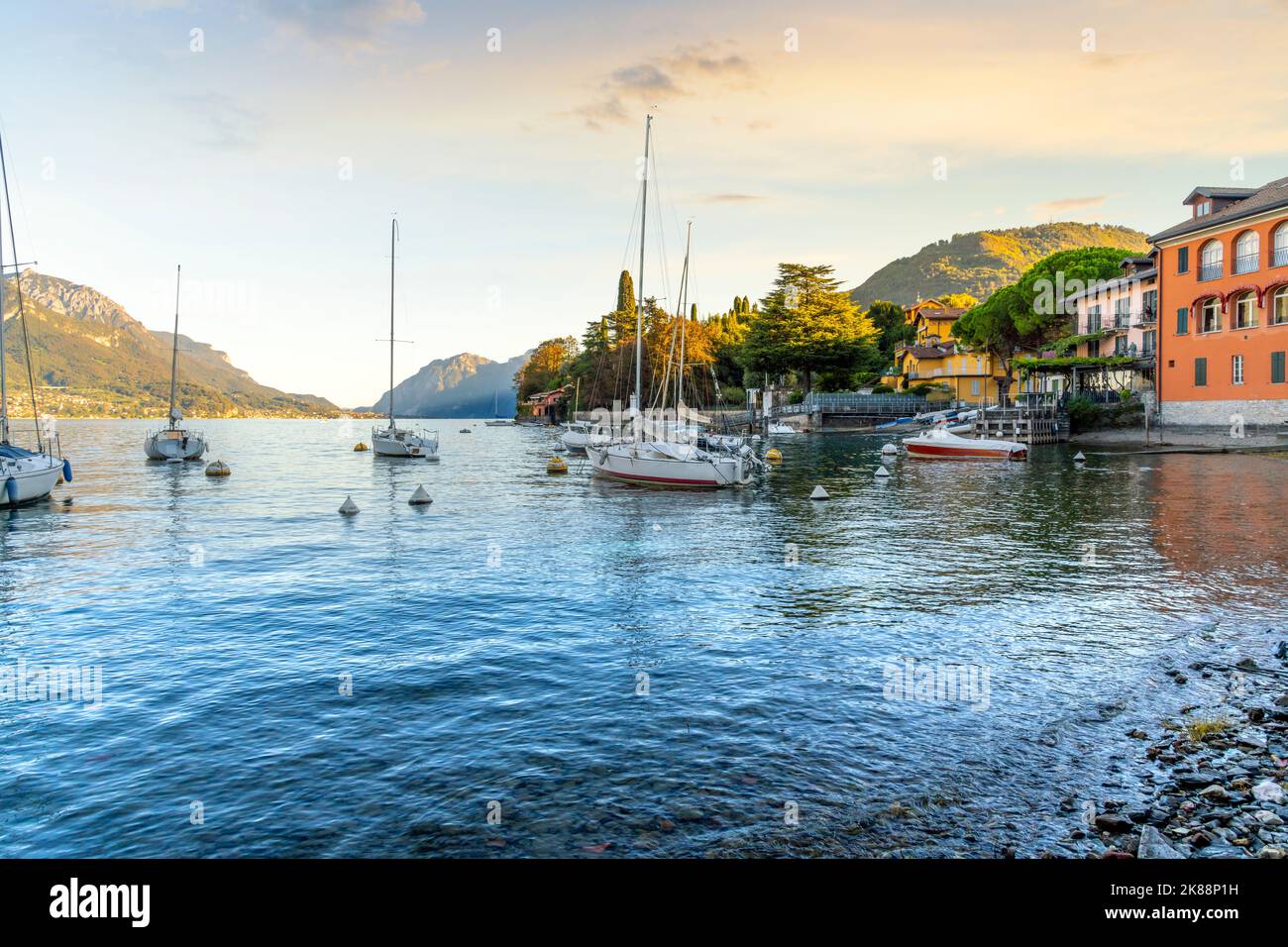 Boats are docked and moored at the peaceful fishing village of Pescallo ...