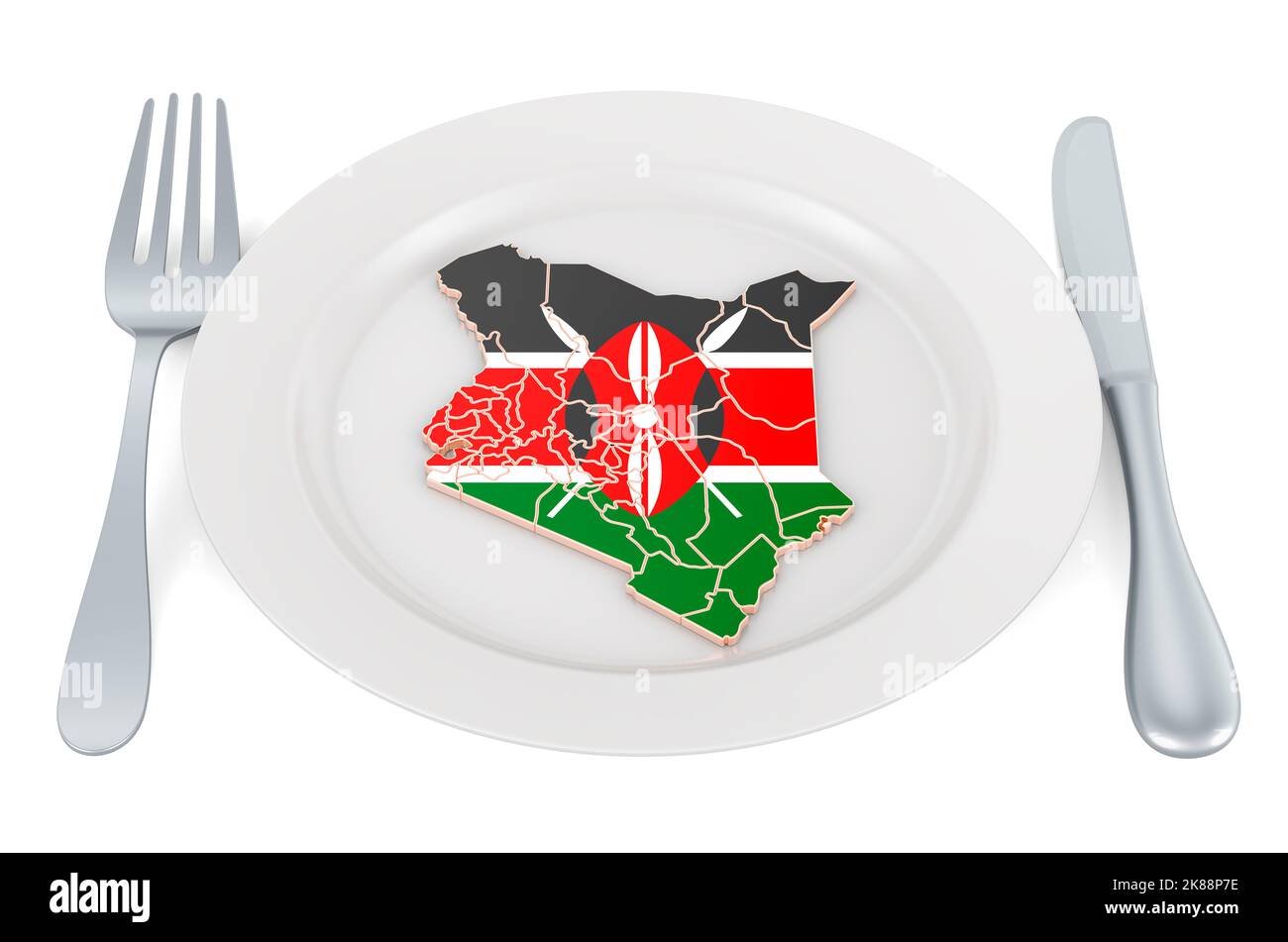 Kenyan cuisine concept. Plate with map of Kenya. 3D rendering isolated ...