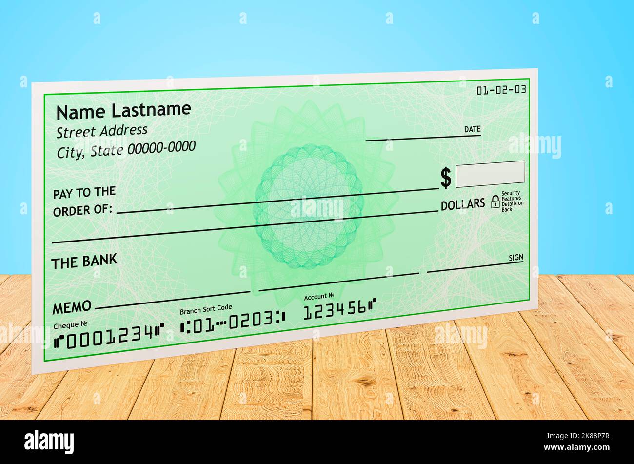 Blank bank check on the wooden planks, 3D rendering Stock Photo - Alamy