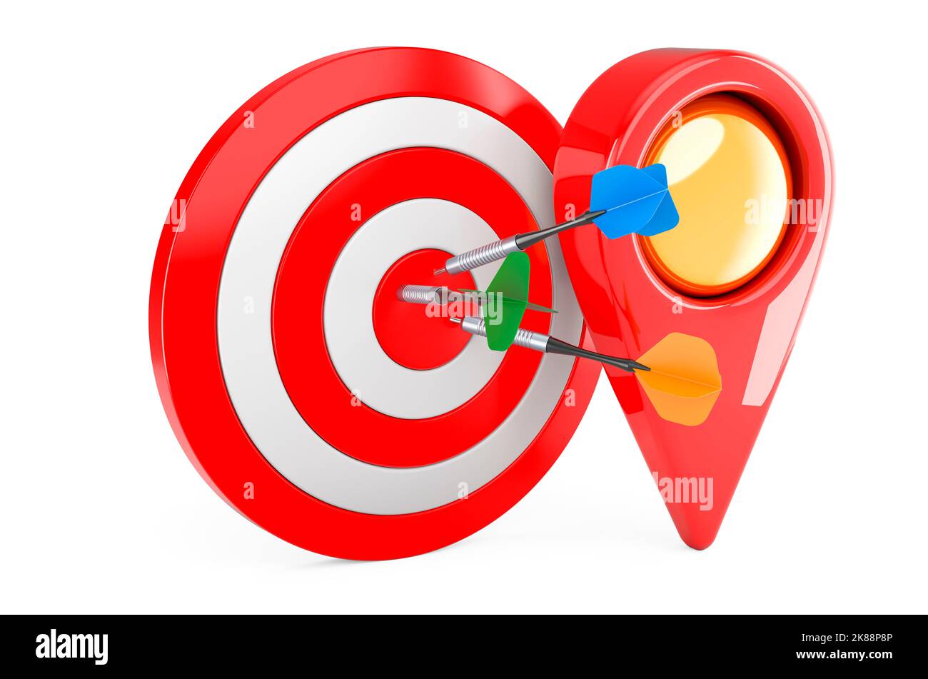 Target with arrows with map pointer, 3D rendering isolated on white ...
