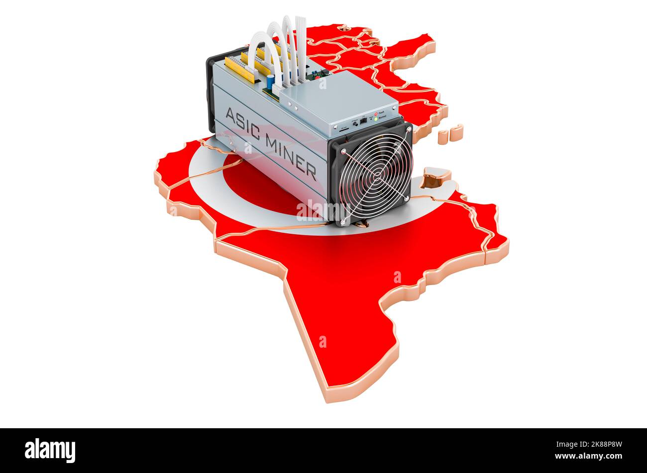 Mining in Tunisia, concept. ASIC miner with Tunisian flag. 3D rendering ...