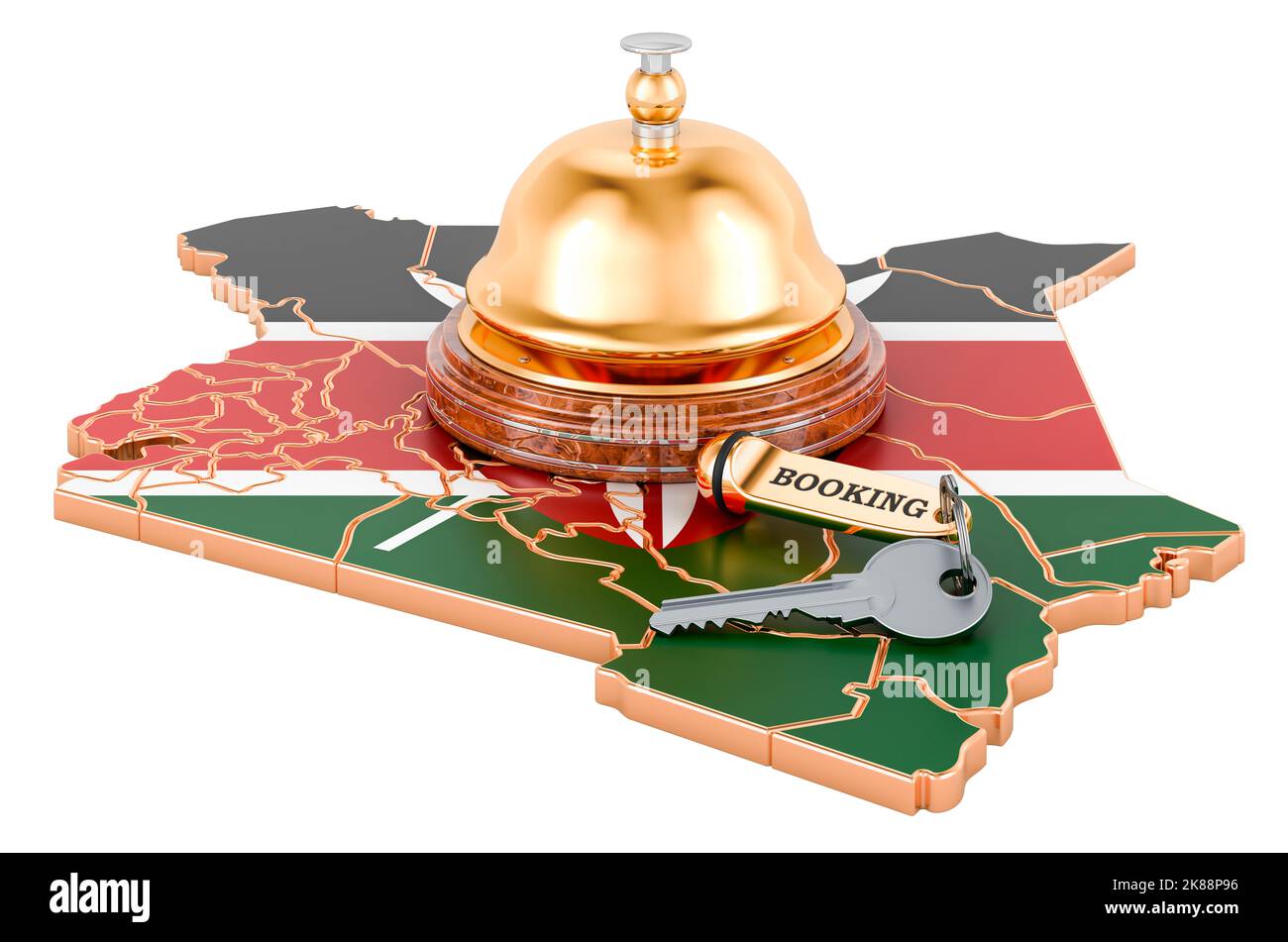 Kenya booking concept. Kenyan flag with hotel key and reception bell ...