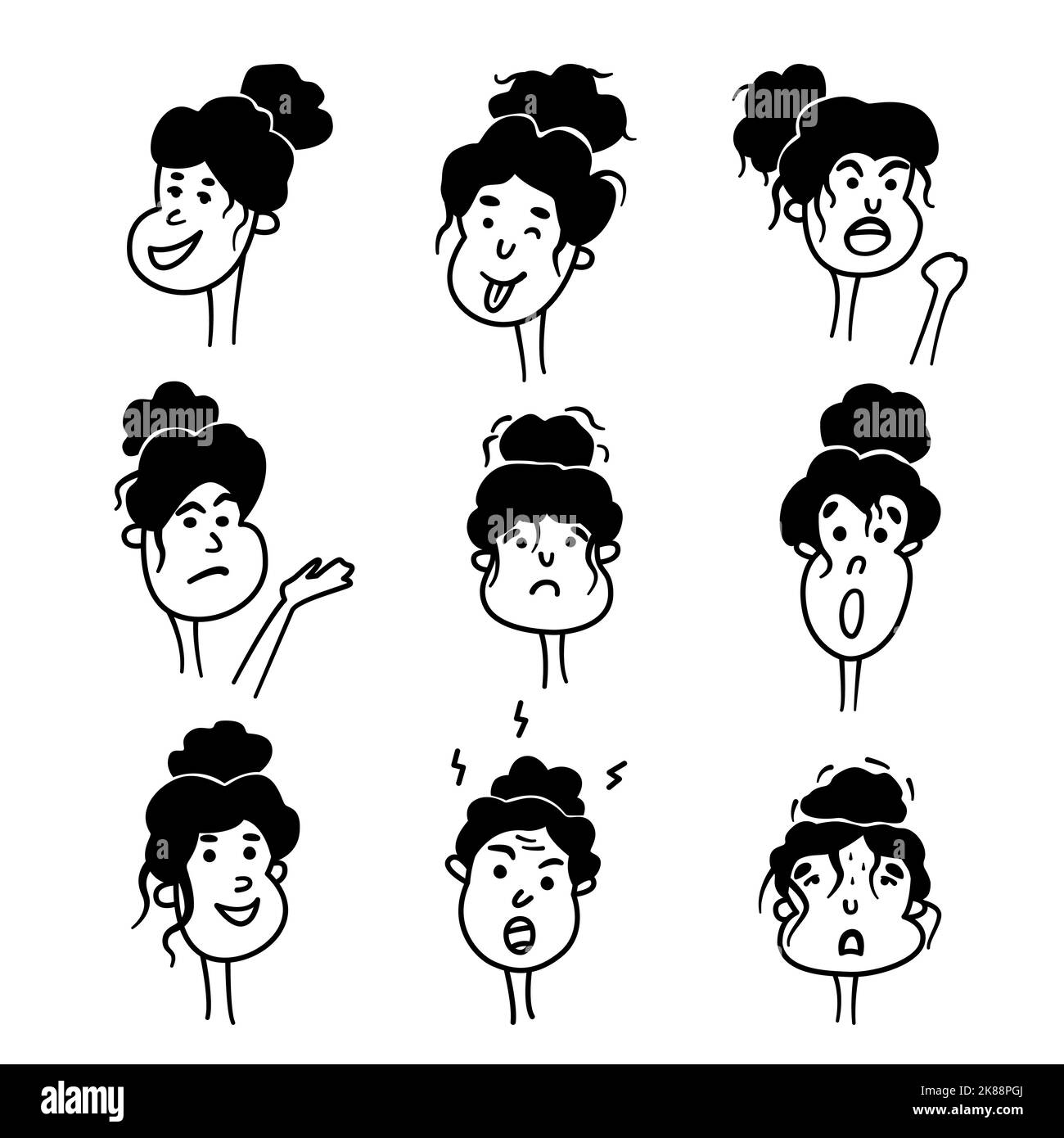 Set of cartoon female faces with different emotions. Funny women's ...