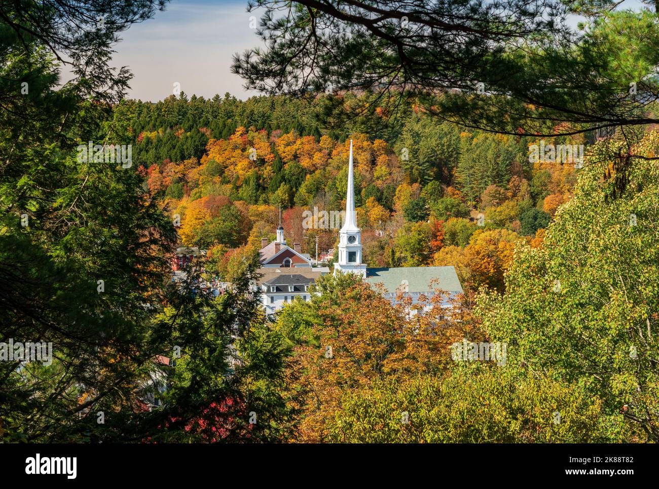 View of Stowe from overlook known as Sunset rock in the Vermont fall ...