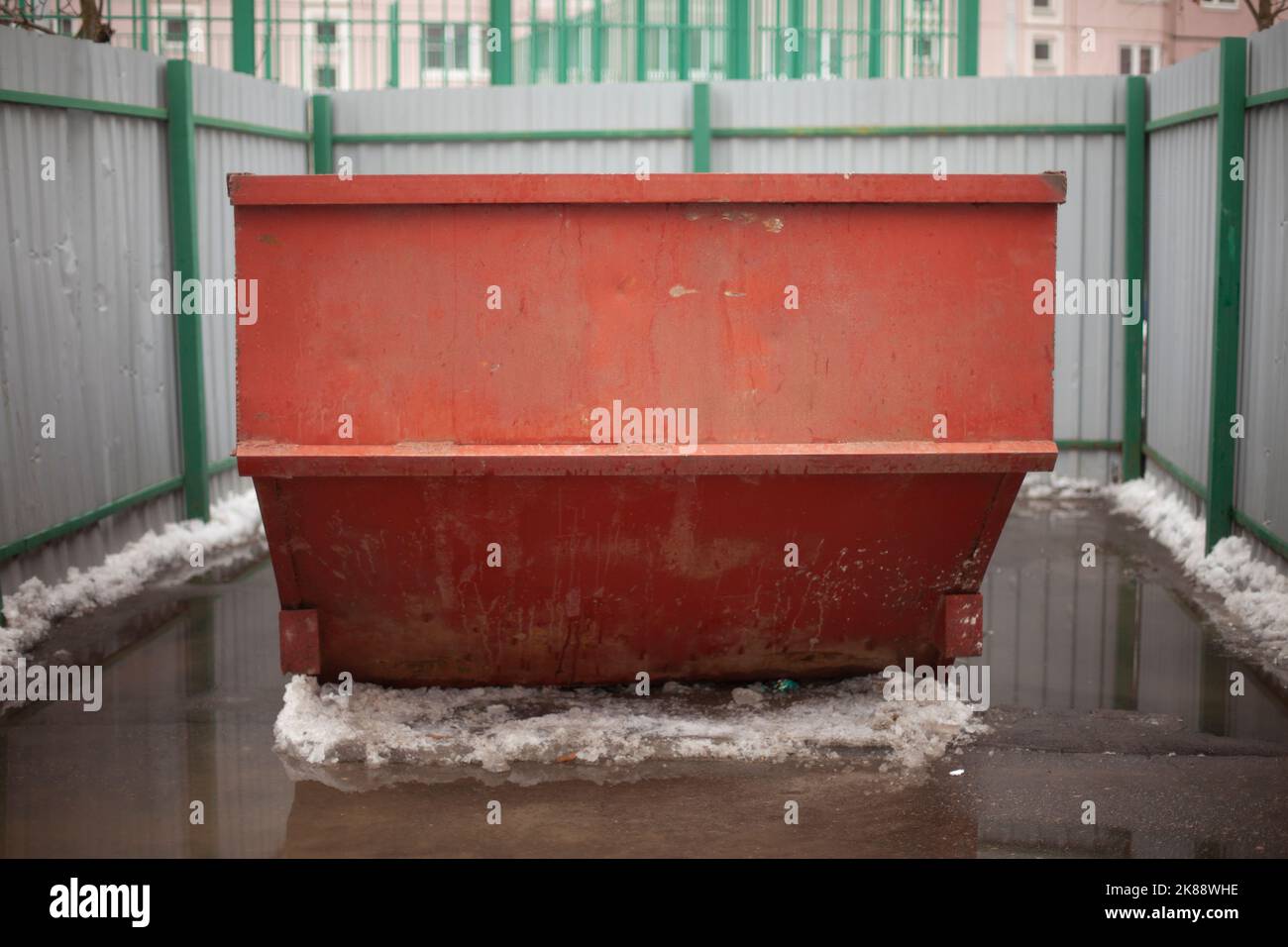 Garbage container. Steel waste tank in city. Large garbage can in yard ...