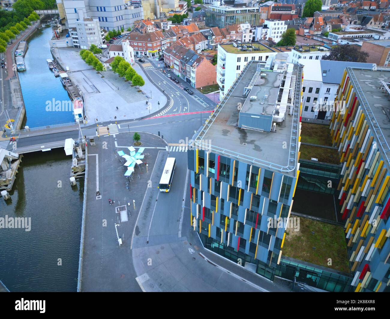 An aerial view of the Dender river and the city in Aalst, Belgium Stock ...