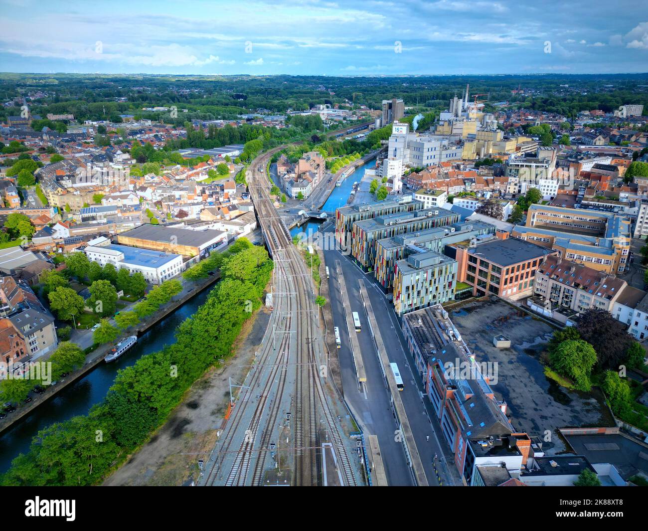 An aerial view of the Dender river and the city in Aalst, Belgium Stock ...