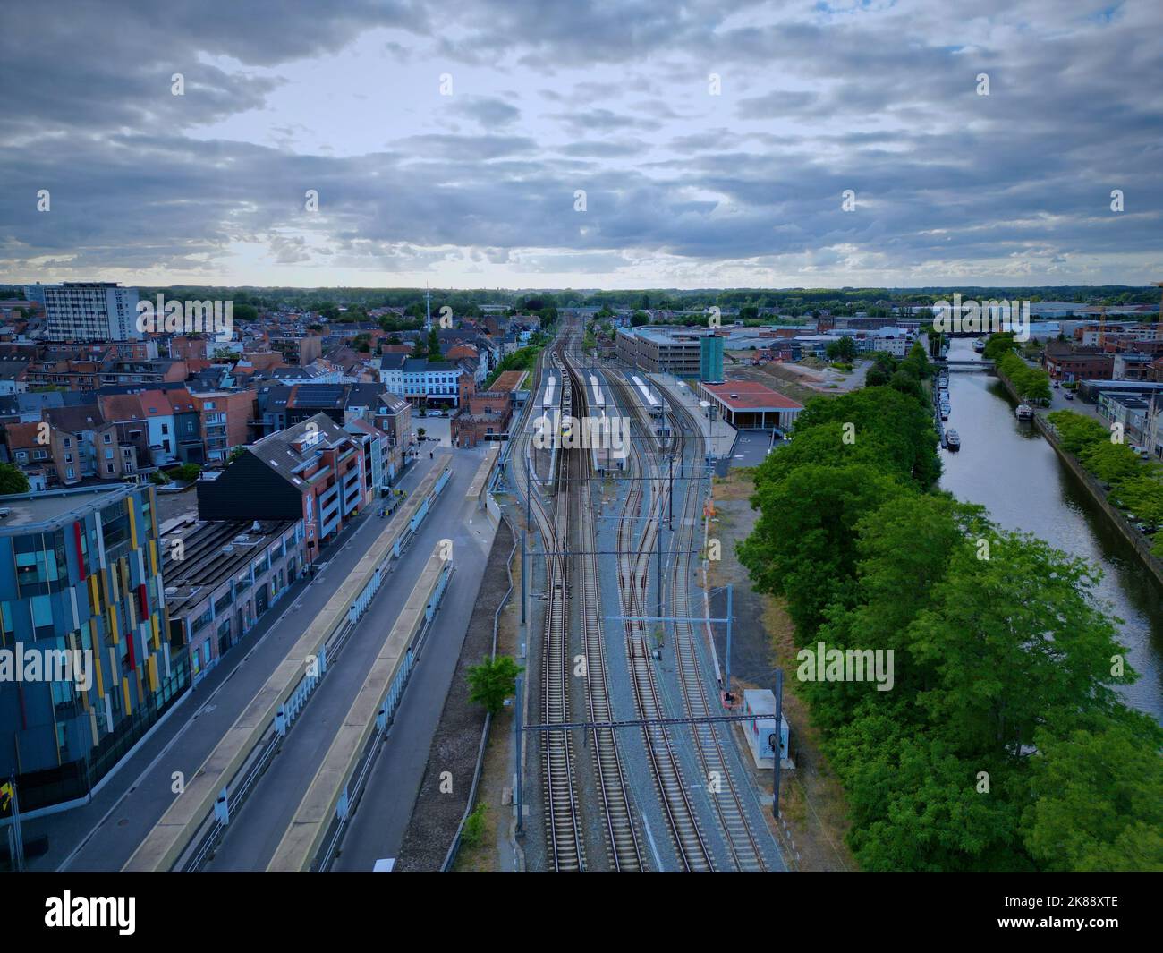 An aerial view of the Dender river and the city in Aalst, Belgium Stock ...