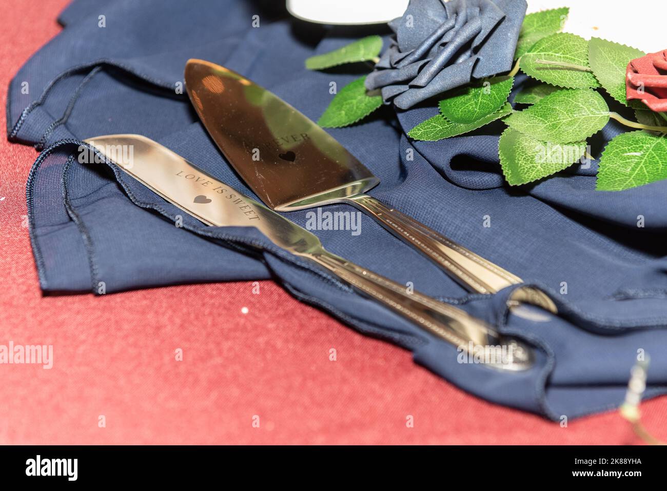 Two piece server set is ready for the bride and groom to cut the cake ...