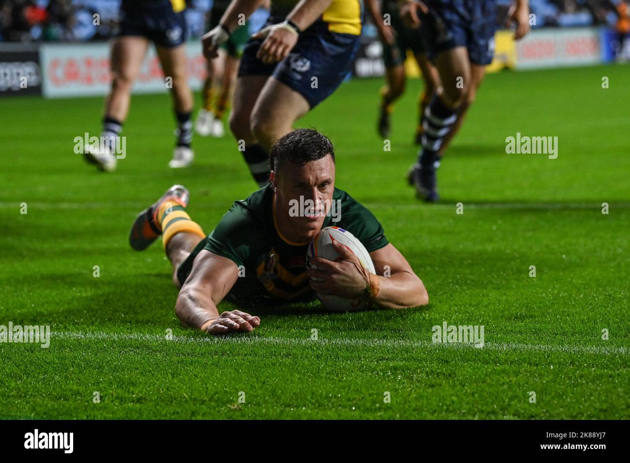 Coventry, UK. 21st Oct, 2022. Jack Wighton of Australia goes over for a ...