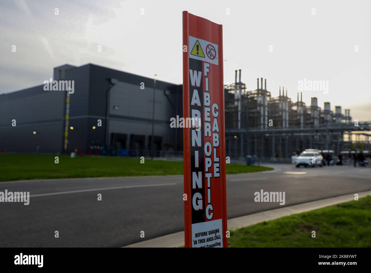 Illustration picture shows a warning signfor 'Fibre Optic Cable' during ...