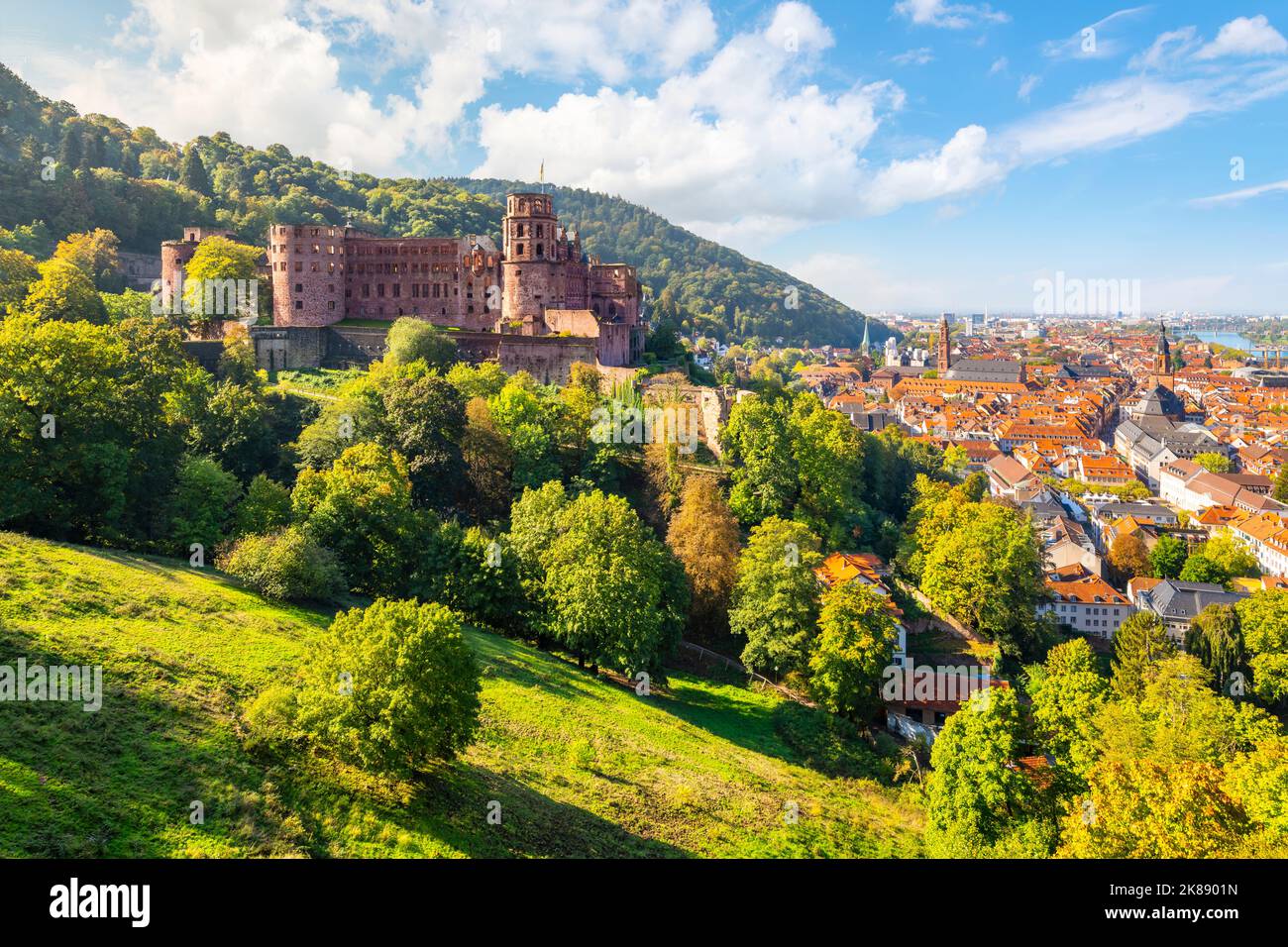 View from the Heidelberg Castle Complex of the castle ruins, Neckar ...