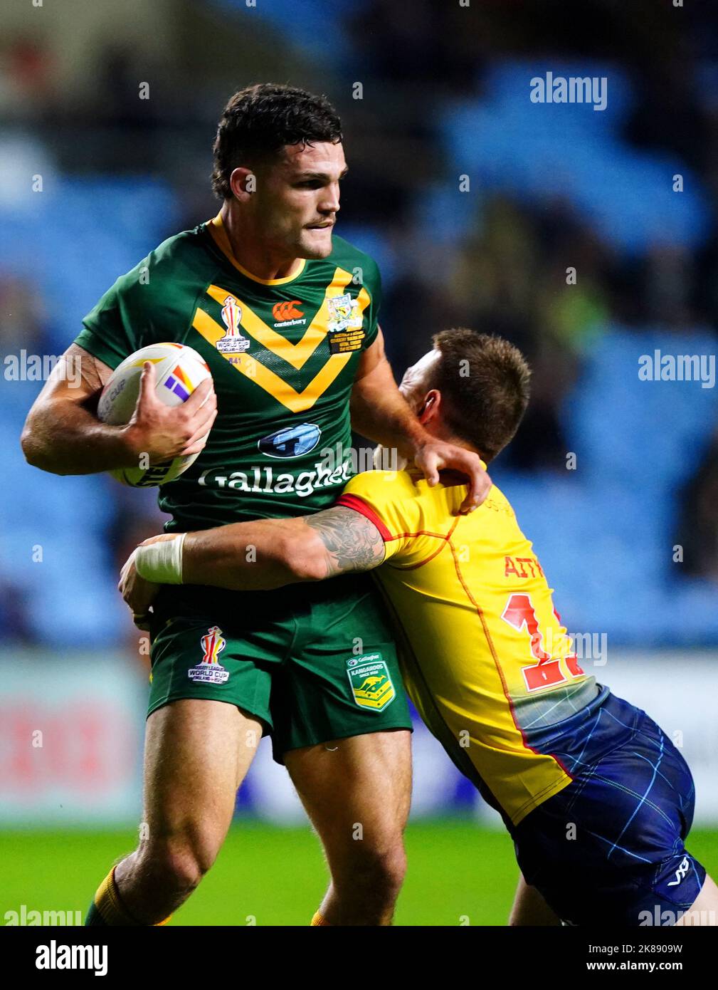 Australia's Nathan Cleary is tackled by Scotland's Euan Aitken during ...