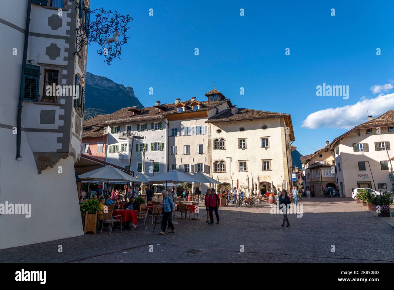 The village of Kaltern, on the South Tyrolean Wine Road, market square ...
