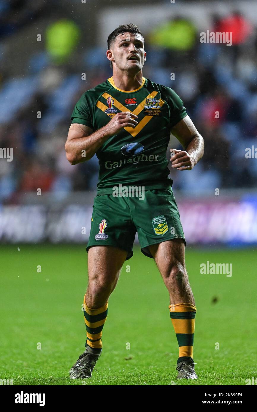 Coventry, UK. 21st Oct, 2022. Nathan Cleary of Australia watches his ...