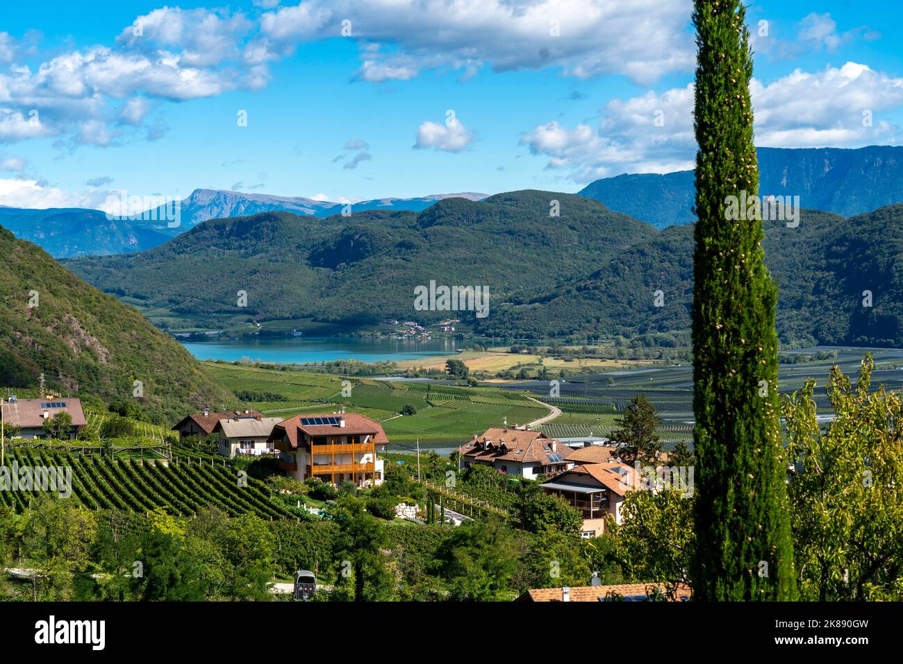 Lake Kaltern, near the village of Kaltern, in the Adige Valley in South ...