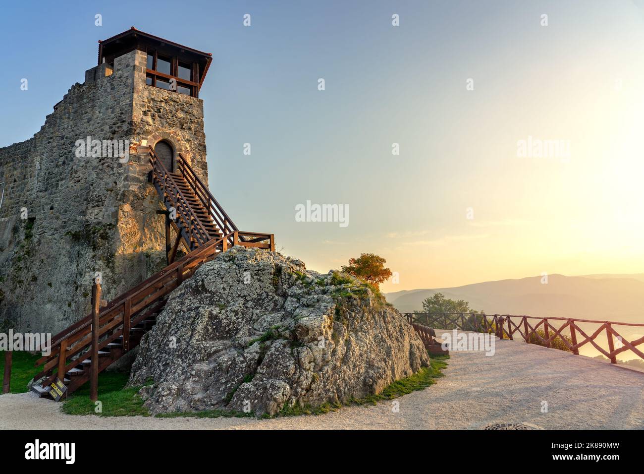 Visegrad castle in Hungary over the Danube river with beautiful sunset ...