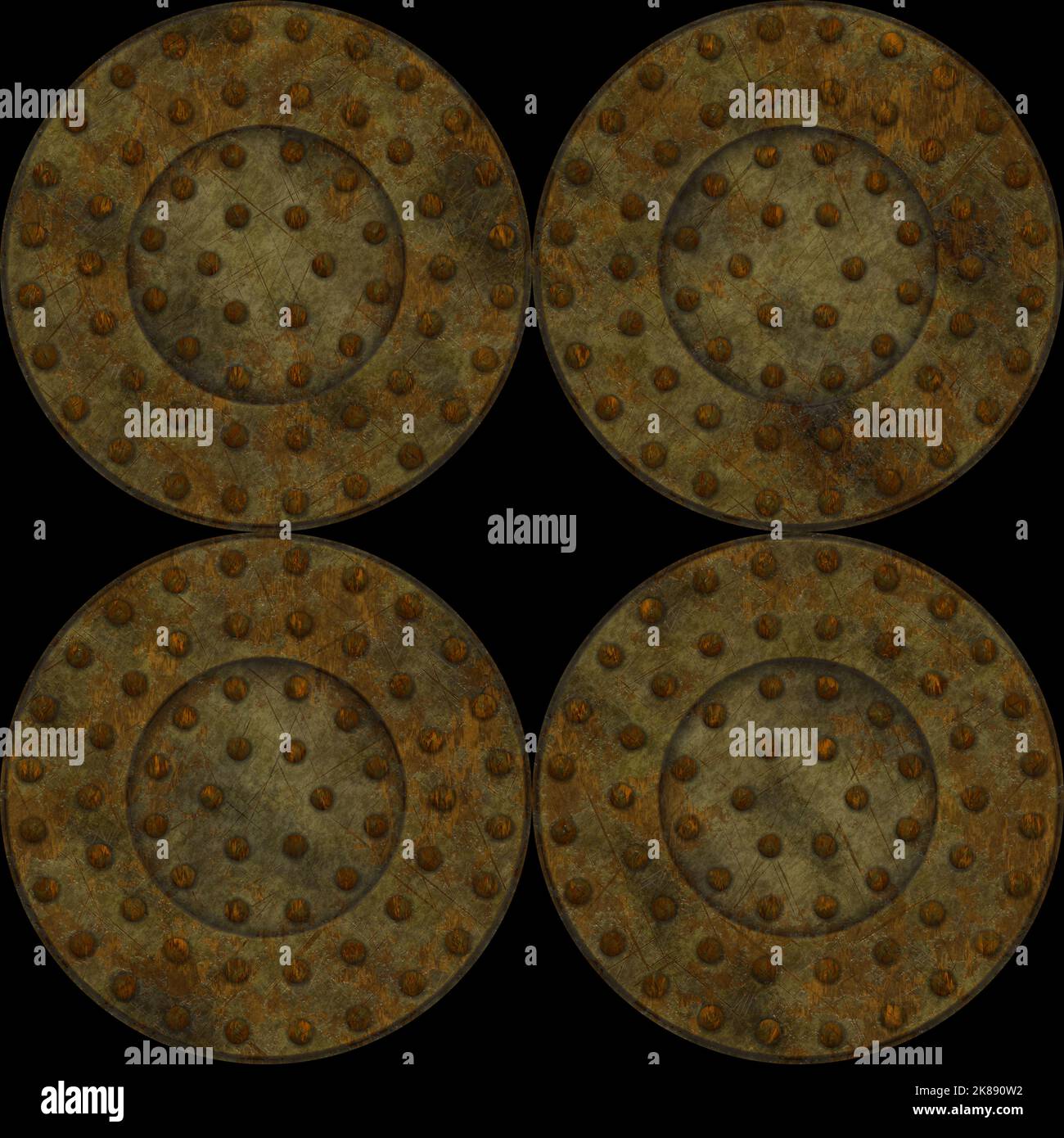 Rusty riveted round metal panels with many rivet joints seamless ...