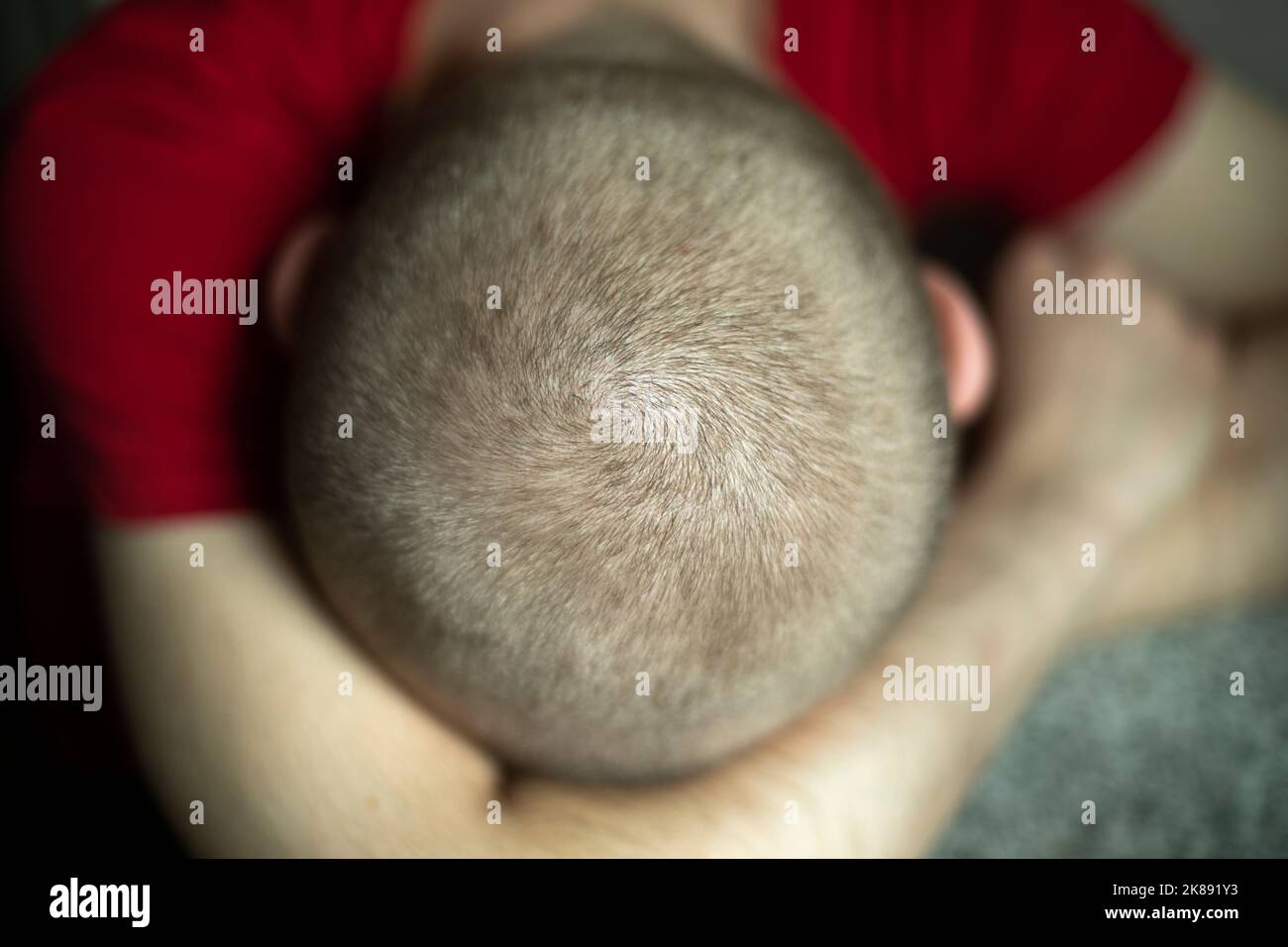 Top of head. Bald man's head. Guy sleeps on table. Tired man Stock ...