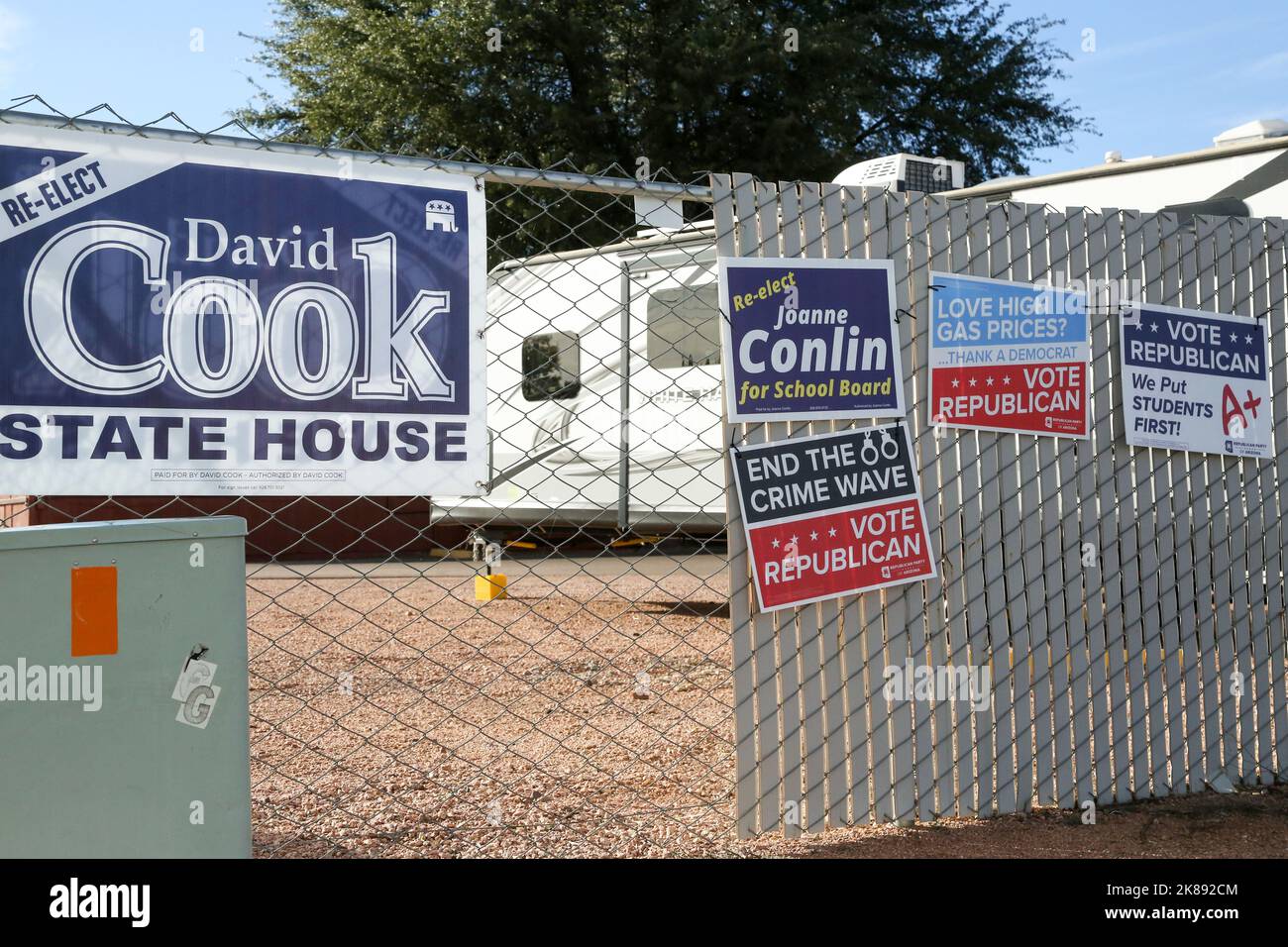 Political signs for GOP candidates and encouraging people to vote ...