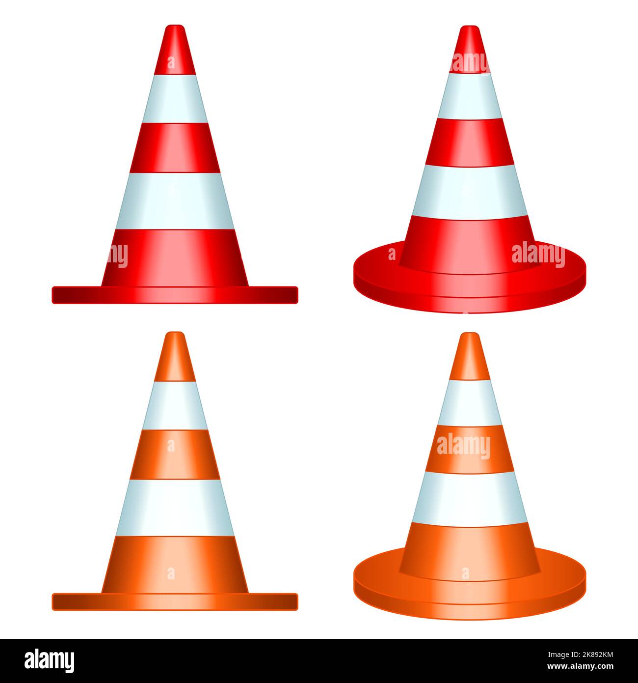 Traffic cone illustration. Front view and isometric, red and orange ...
