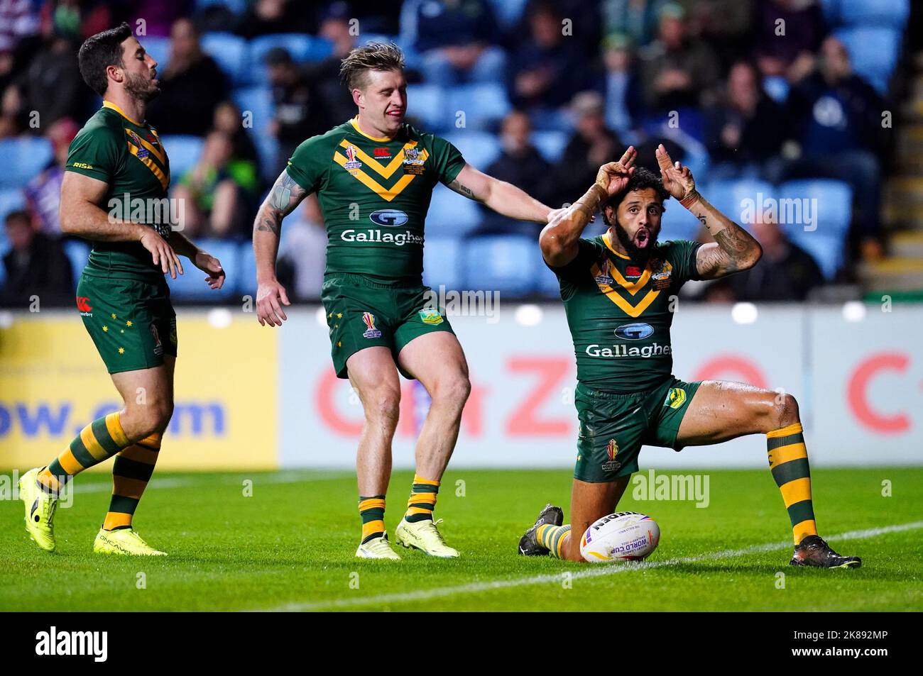 Australia's Josh Addo-Carr (right) celebrates after scoring his side's ...