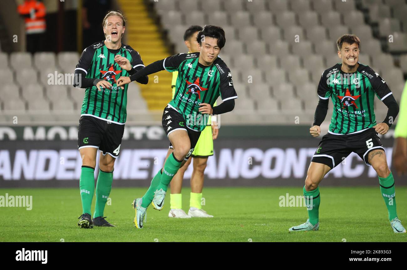 Cercle's Ayase Ueda celebrates after scoring during a soccer match ...