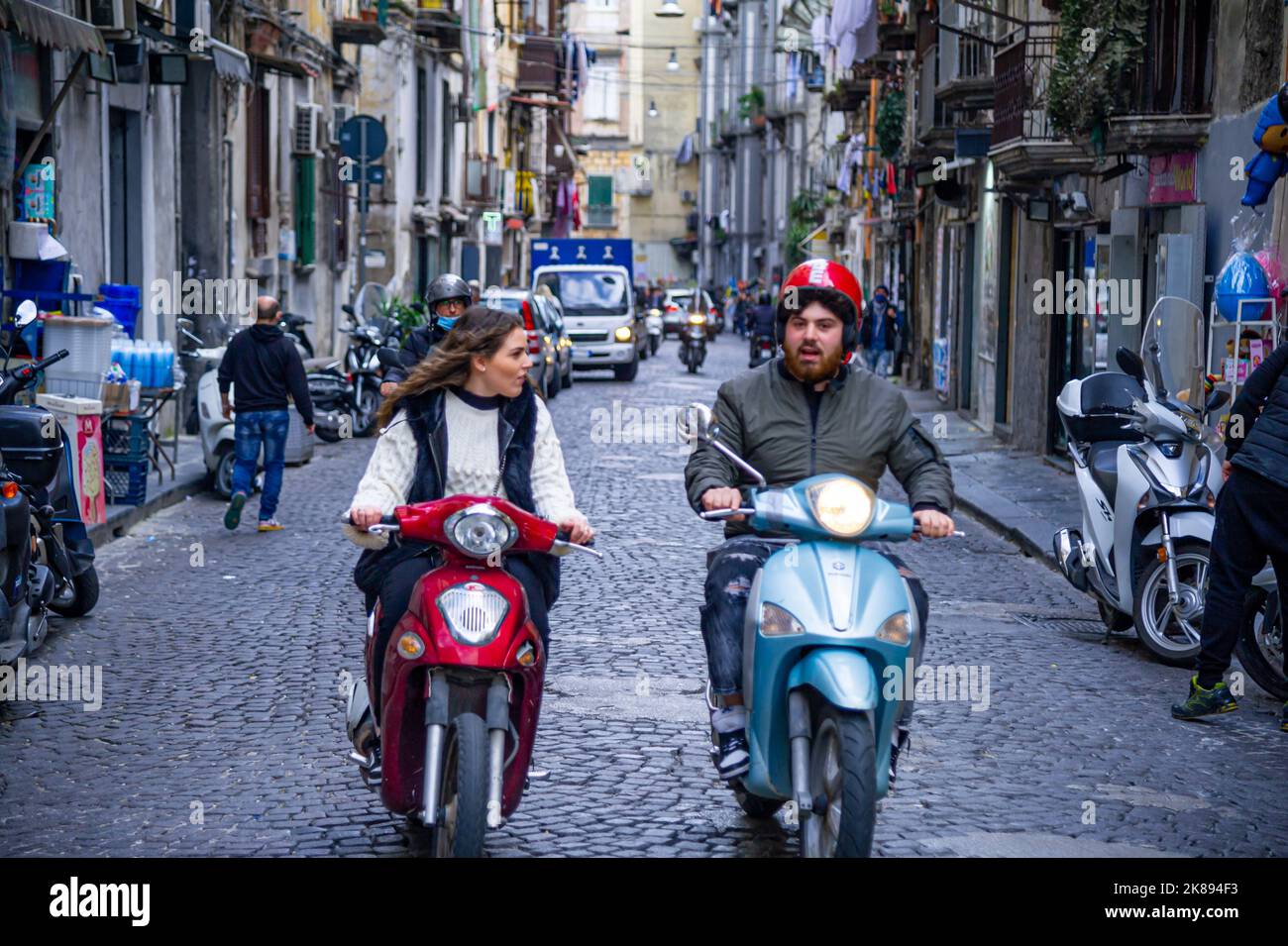 April-15-2022- Naples Italy heavy traffic on city streets with scooters ...