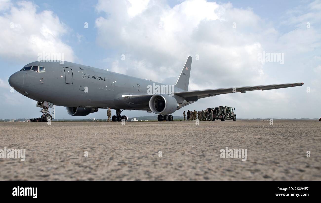 A KC-46A Pegasus assigned to the 22nd Air Refueling Wing is parked on ...