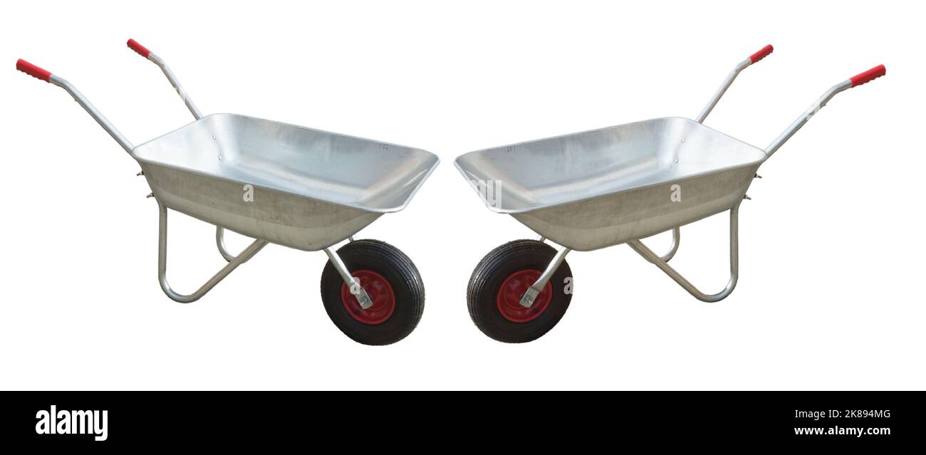 Two construction one-wheel wheelbarrow with galvanized bodys isolated ...