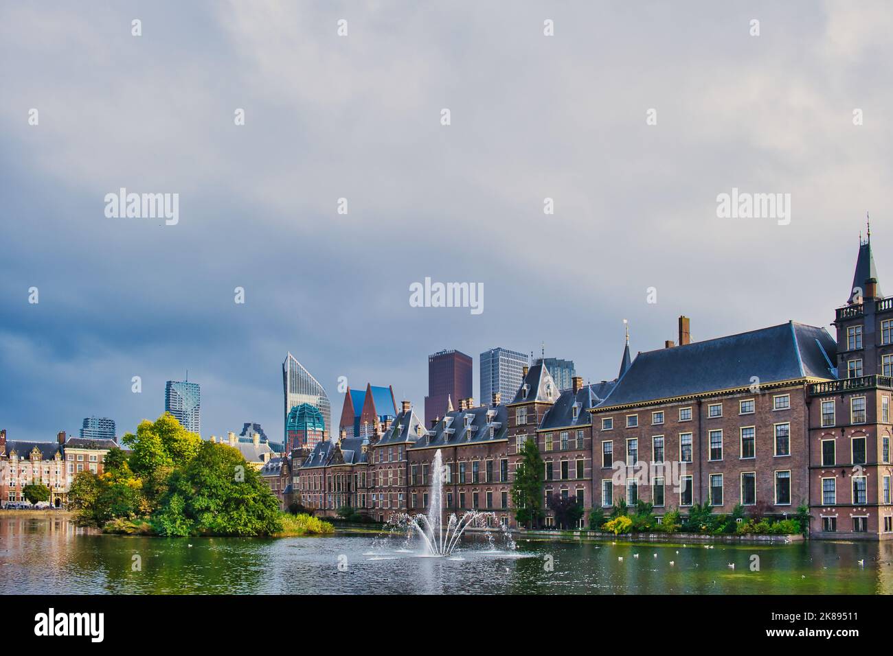 The Dutch Parliament buildings (Binnenhof) with the Hofvijver lake and ...