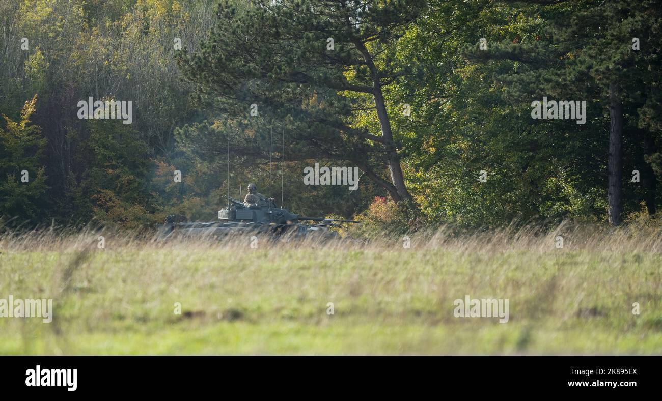 British army FV510 Warrior Fighting Vehicle manoeuvres through woodland ...